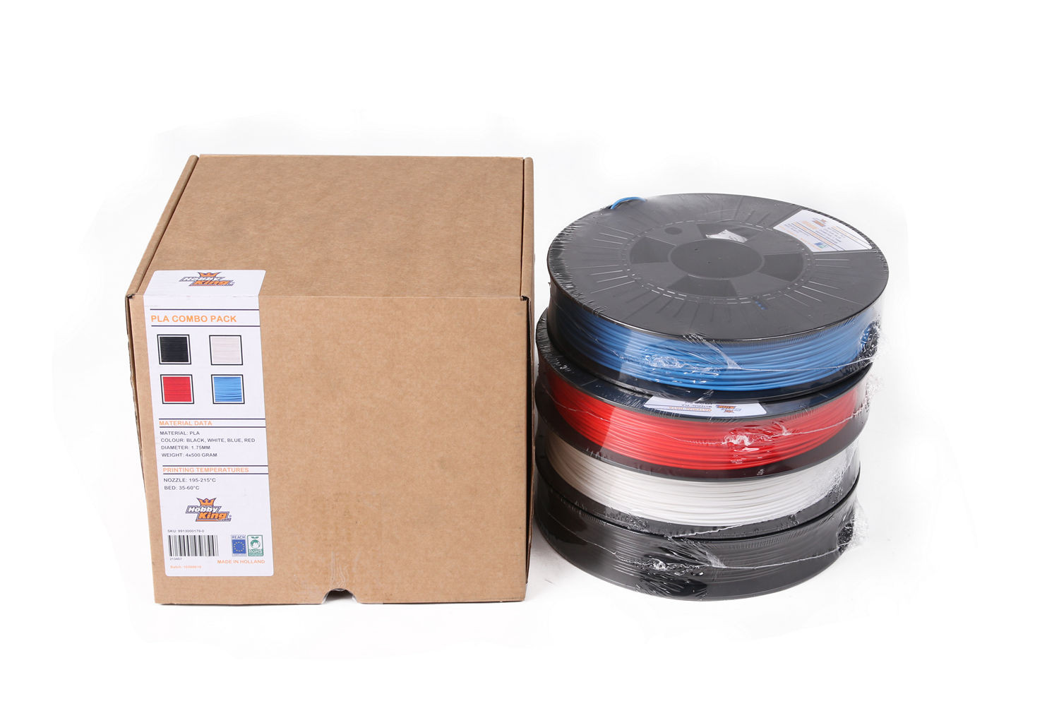 PLA 3D Printing Filament Combo Pack Black/White/Blue/Red 4 x 500g 1 ...